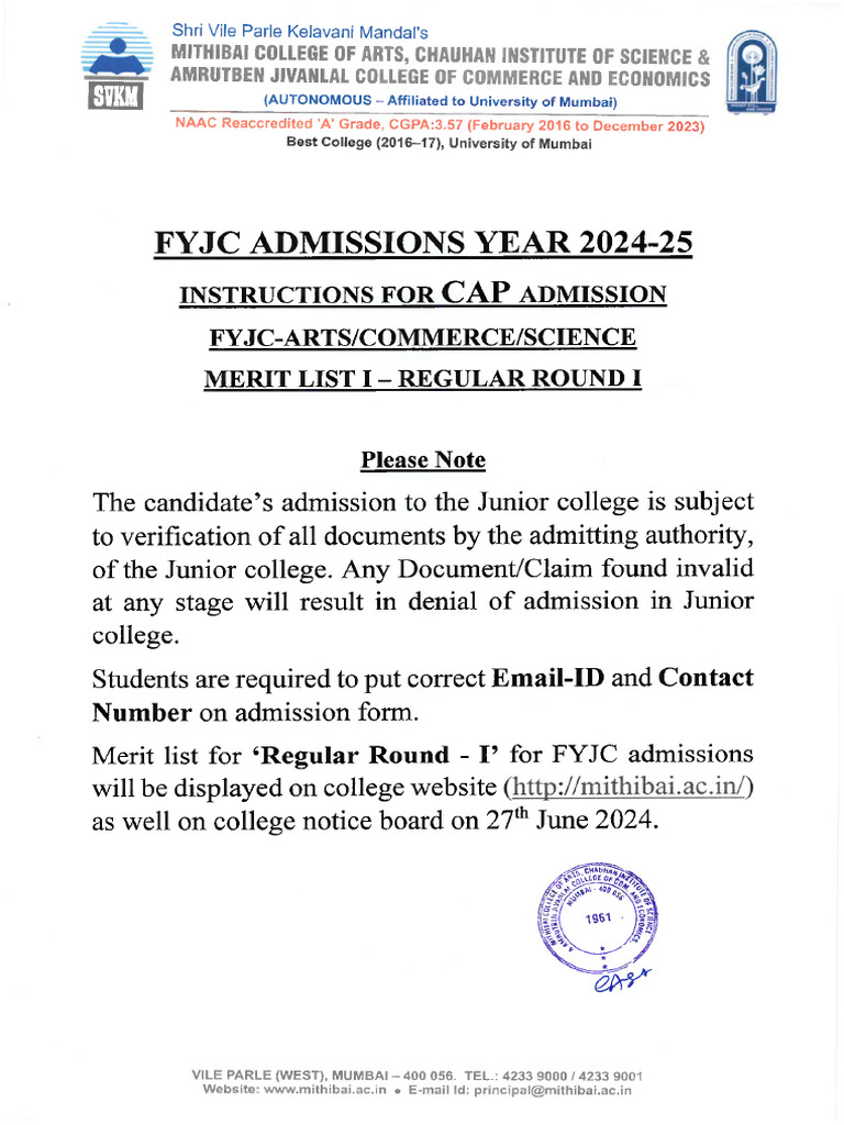 Instructions For CAP Admission | PDF