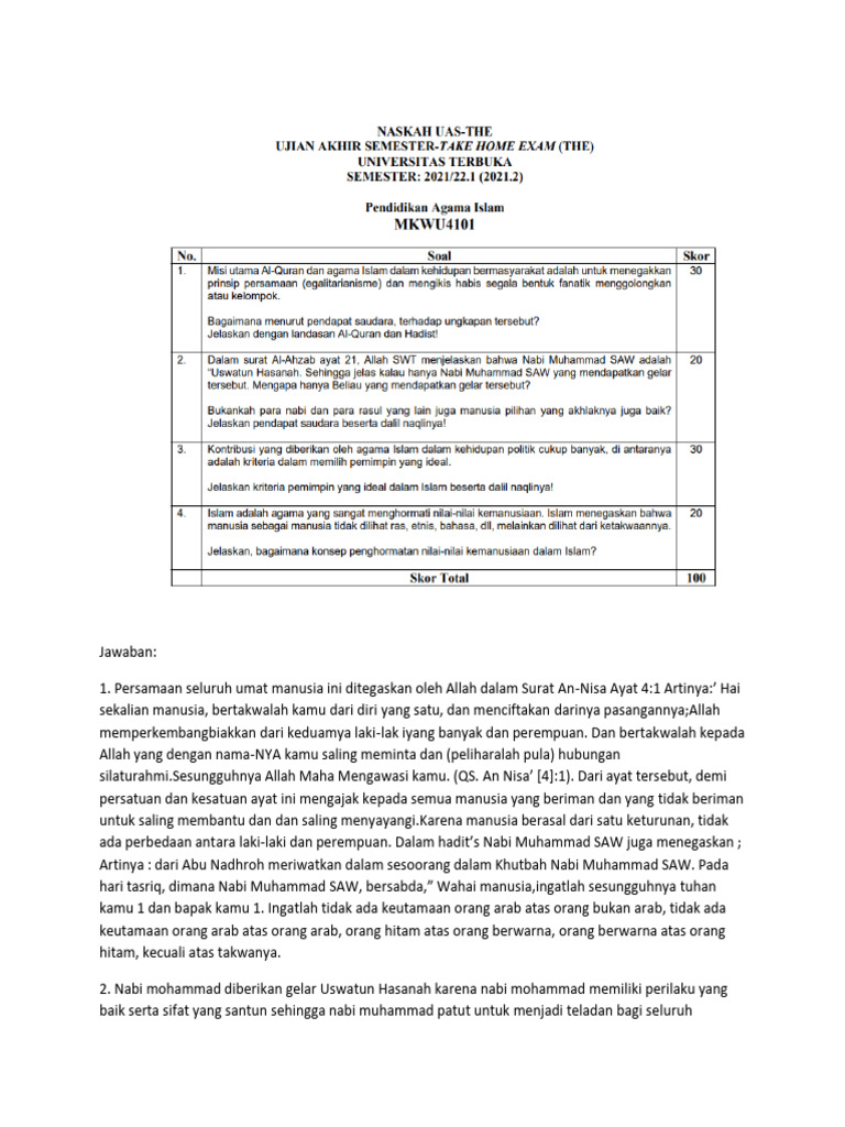 Soal Dan Jawaban Pendidikan Agama Islam Mkwu4101 | PDF