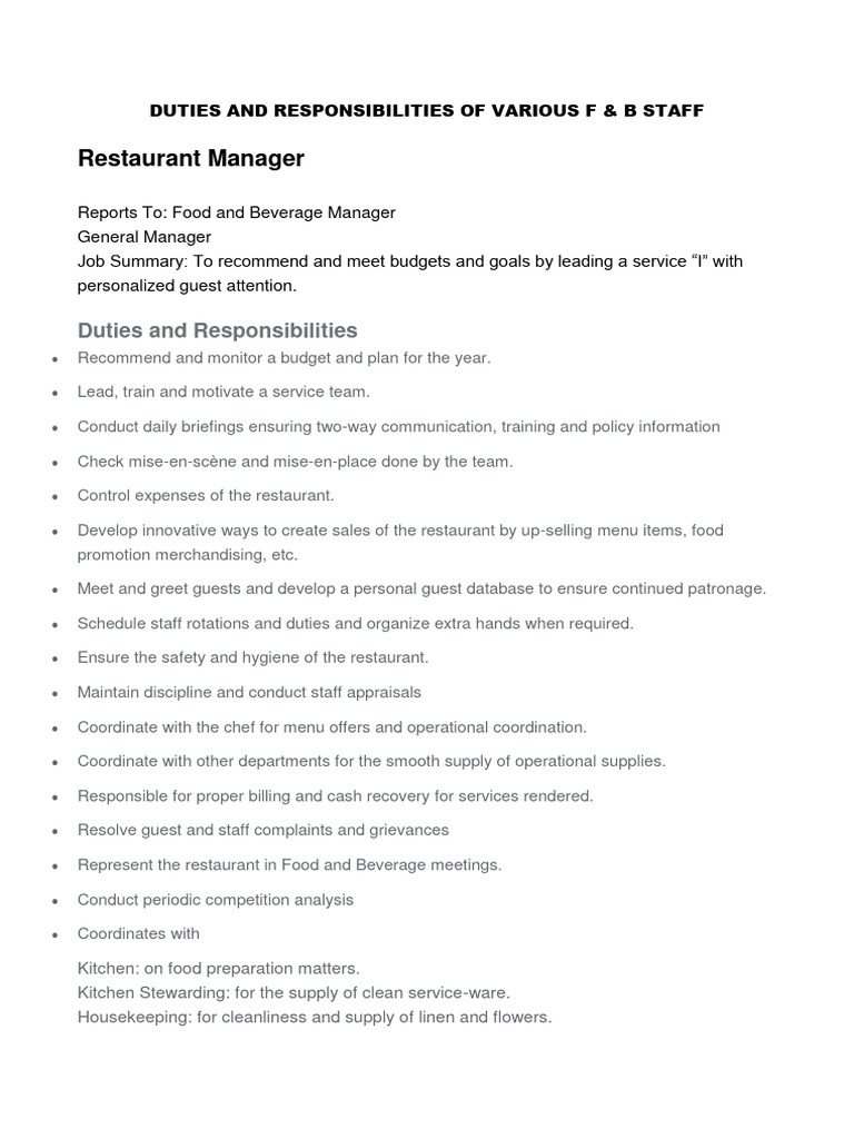 F&B Staff Duties and Responsibilities Guide | PDF | Restaurants ...