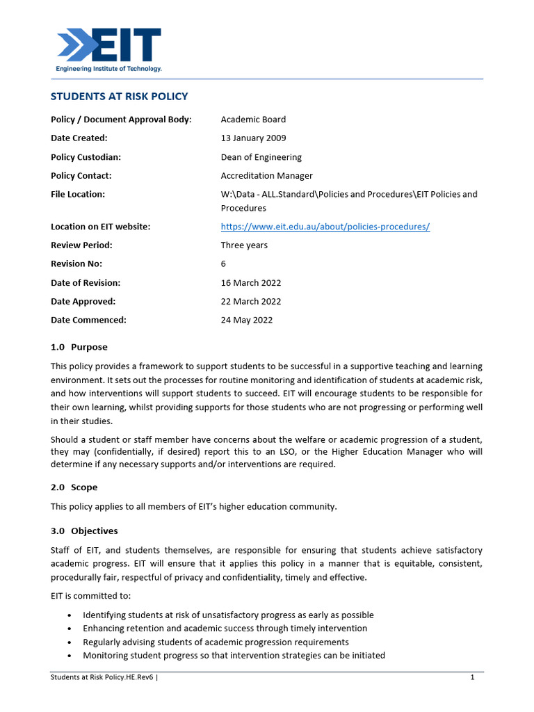 Students at Risk Policy Overview | PDF | Policy | Risk
