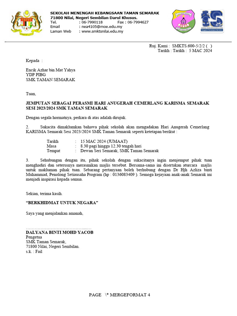 Surat Jemputan Perasmi HACKS 2023 2024 | PDF