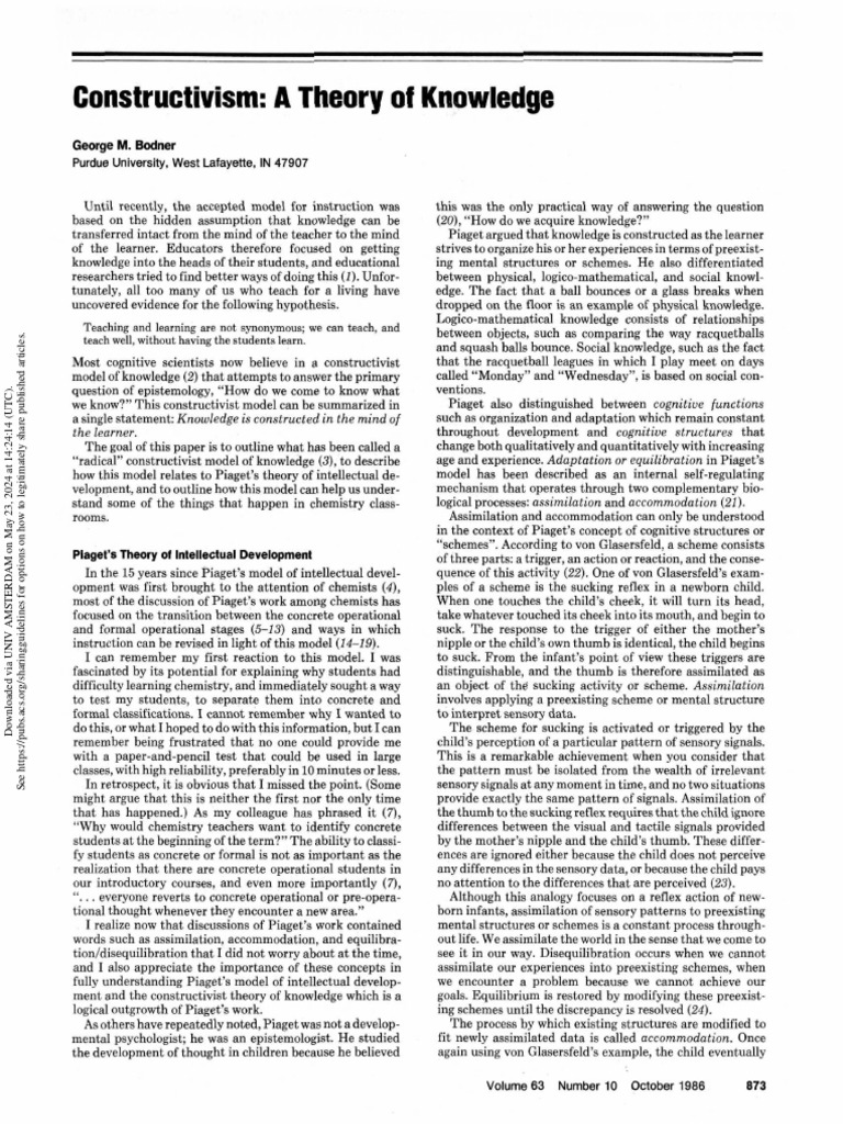 Bodner 1986 Constructivism A Theory of Knowledge | PDF | Constructivism (Philosophy Of Education ...