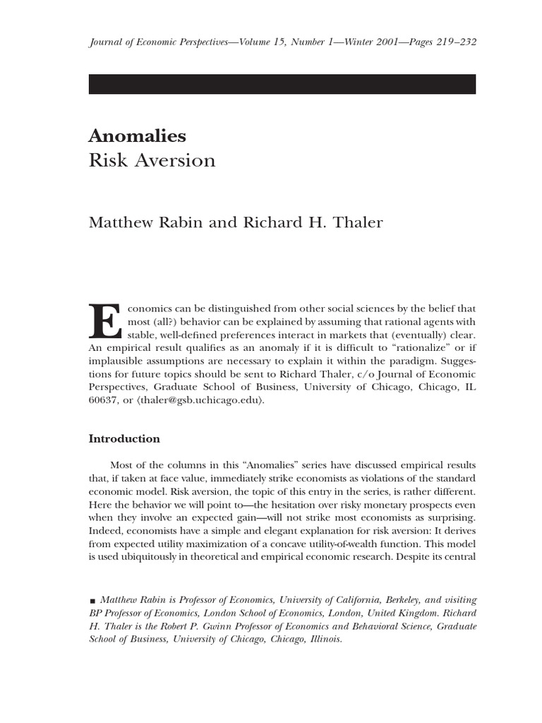 Anomalies Risk Aversion | PDF | Risk Aversion | Utility