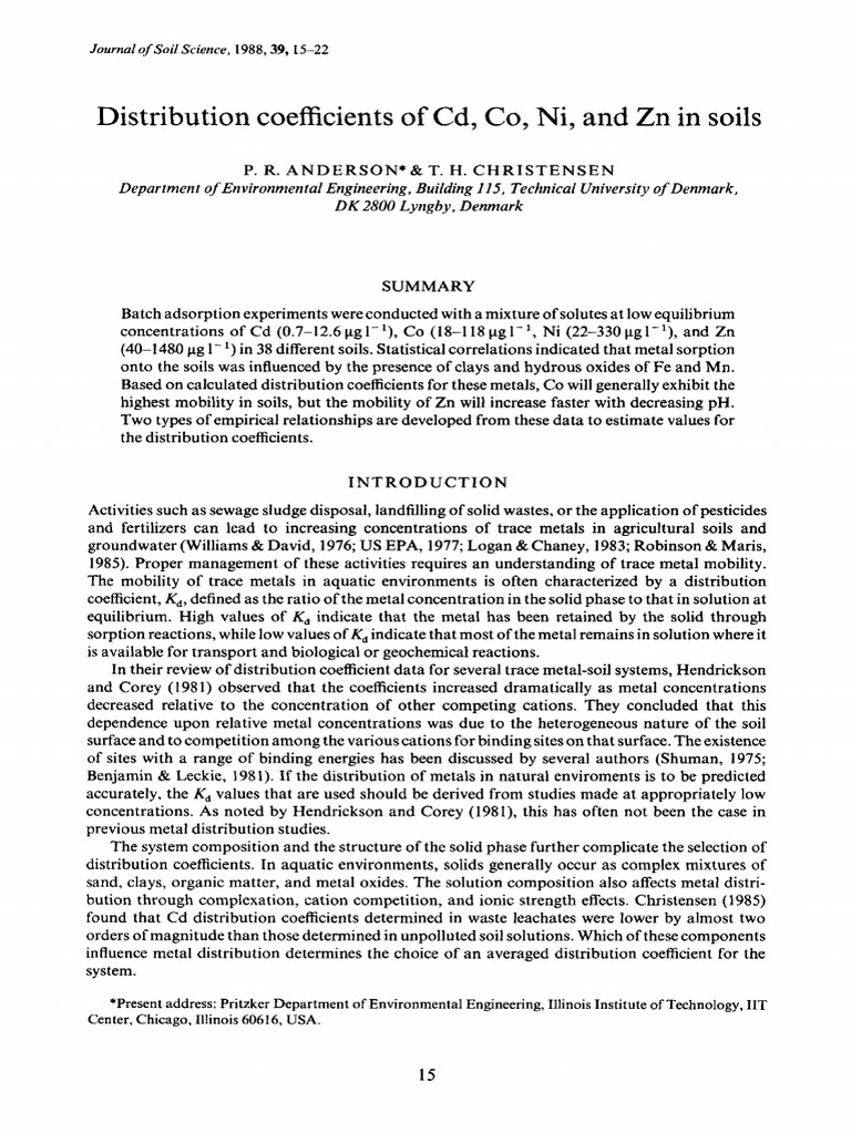 1988 Anderson, Distribution Coefficients of CD, Co, Ni, and ZN in Soils | PDF | Soil | Total ...