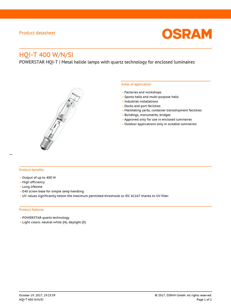 HQI-T 400 W/N/SI: Product Datasheet | PDF | Electrical Components | Light