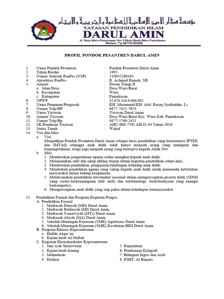 Profil Pondok Pesantren Darul Amin | PDF