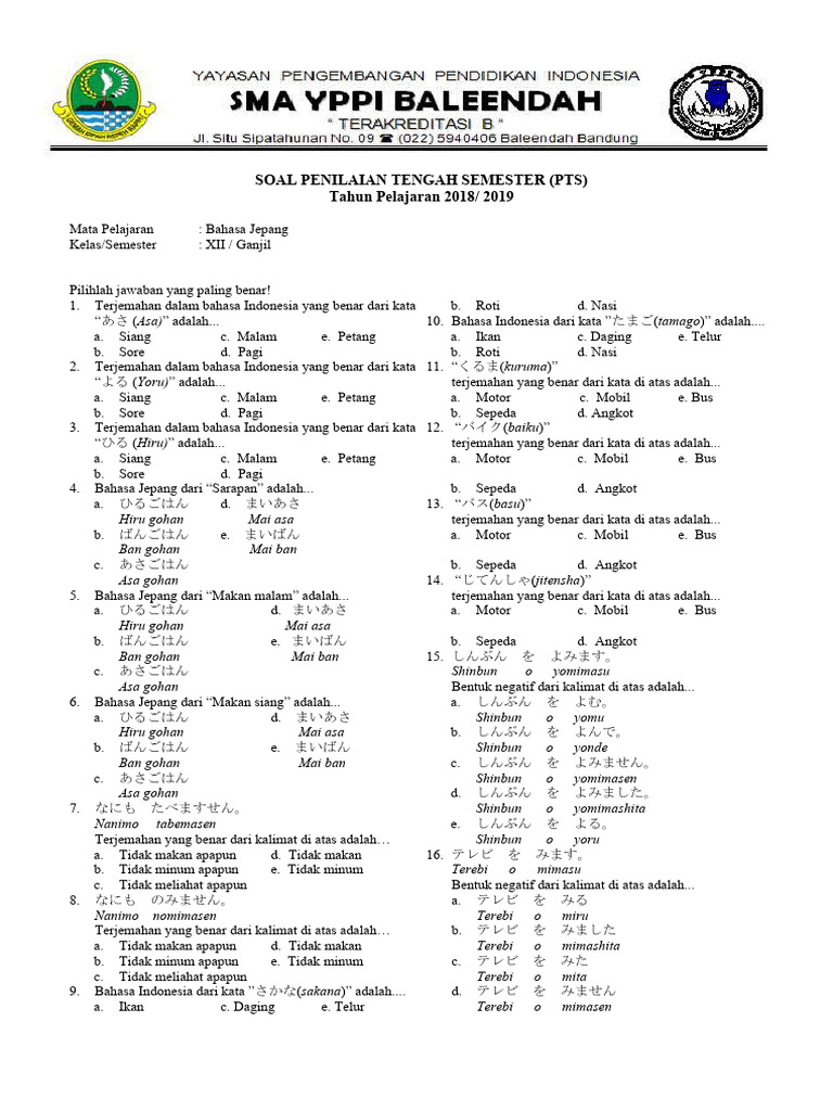 SOAL PTS Bahasa Jepang Kelas XII SMA YPPI BE | PDF