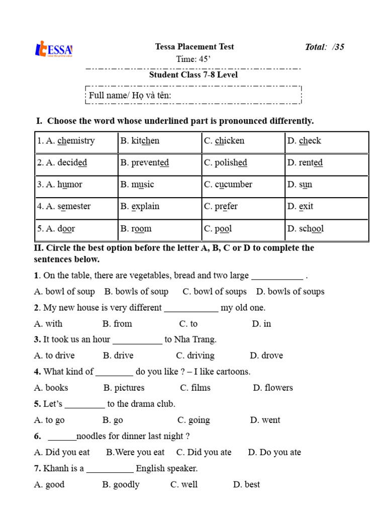 Tessa placement test class 3-5 | PDF