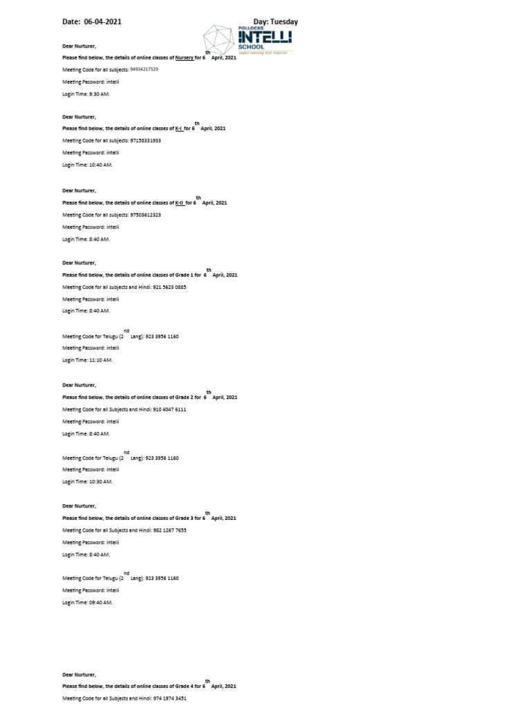 6th April Zoom Codes Tuesady | PDF | Computer Access Control | Access ...