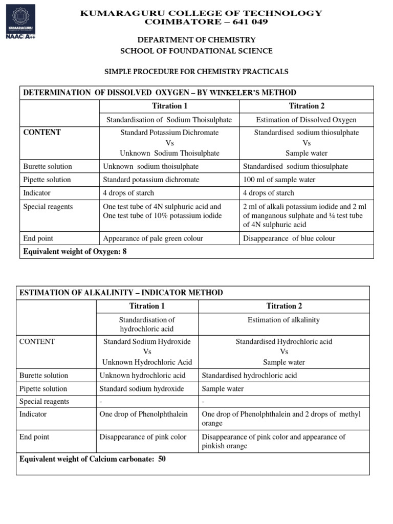 Chemistry Lab Short Procedure - 240624 - 170626 | PDF | Titration ...
