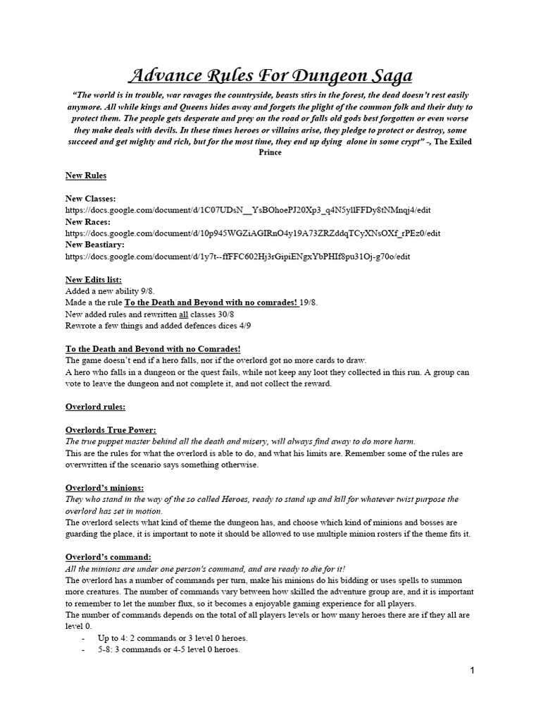 Advance Rules For Dungeon Saga: New Rules New Classes: New Races: New ...