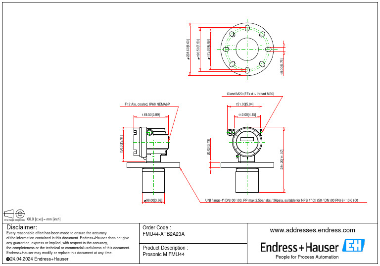 FMU44 ATB2A23A Endress+HauserConsultAG 2DDrawing 04 24 2024 | PDF