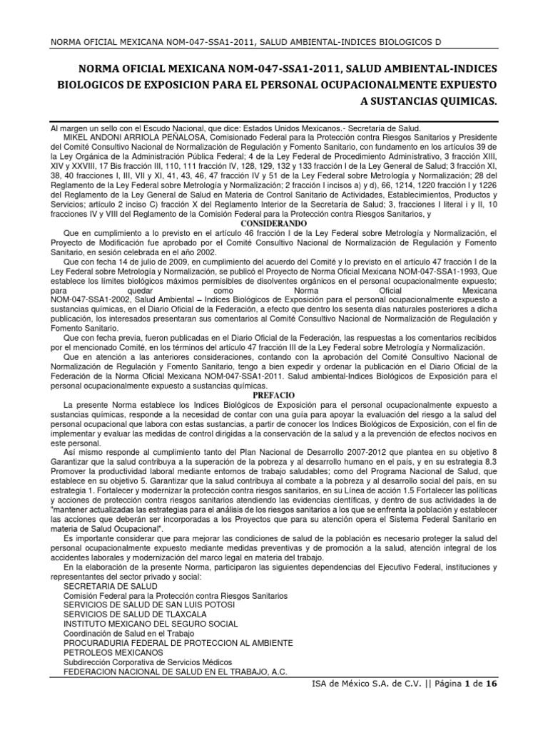 Índices Biológicos de Exposición NOM-047 | PDF | Laboratorios ...