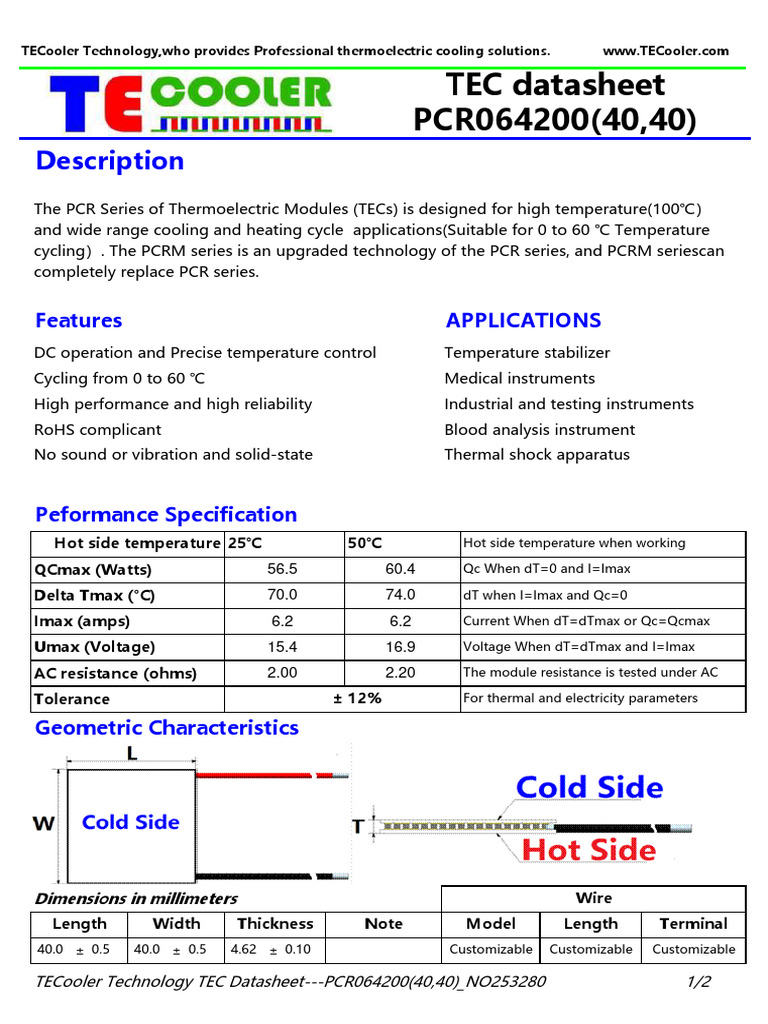 TECooler Technology Datasheets PCR064200(40,40) NO253280 English | Download Free PDF ...