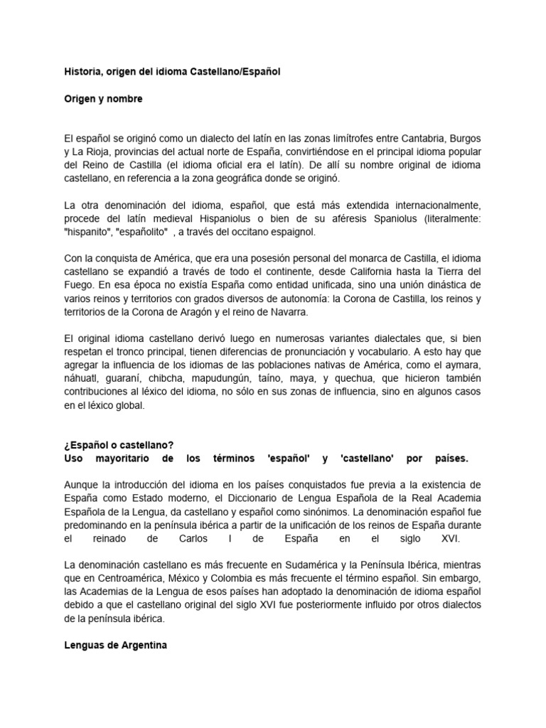 Historia, Origen Del Idioma Castellano-Español | PDF | Lengua española ...