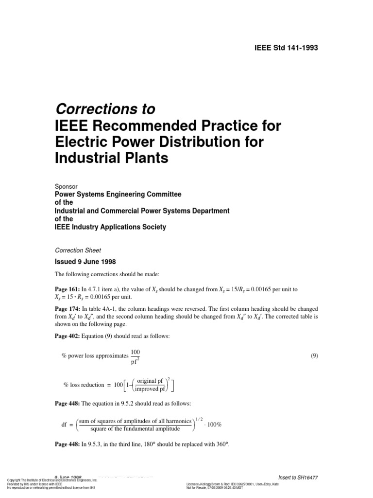 IEEE 141 - 1998 Corrections To 1993 | PDF | Electric Generator ...