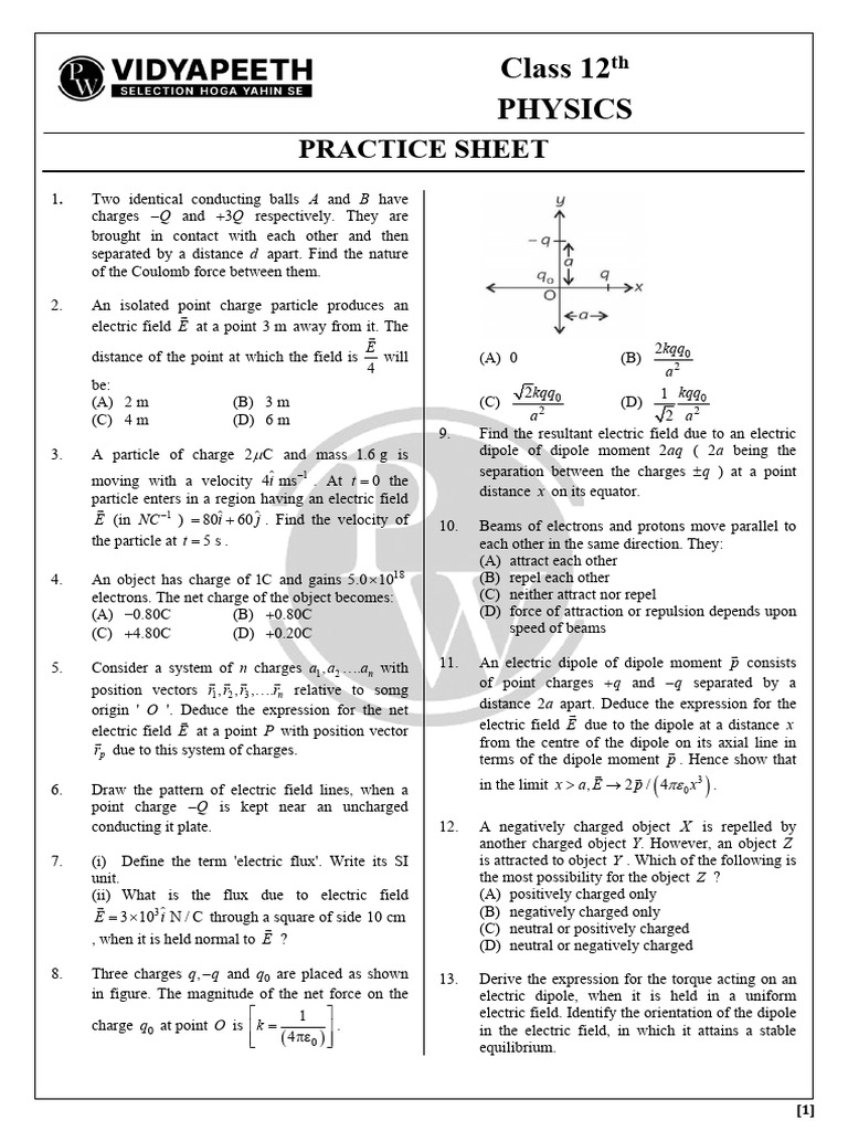 Practice Sheet-01 - XII - JEE-NEET - PHY - Shiv Sir - Mamta | PDF | Electric Field | Flux