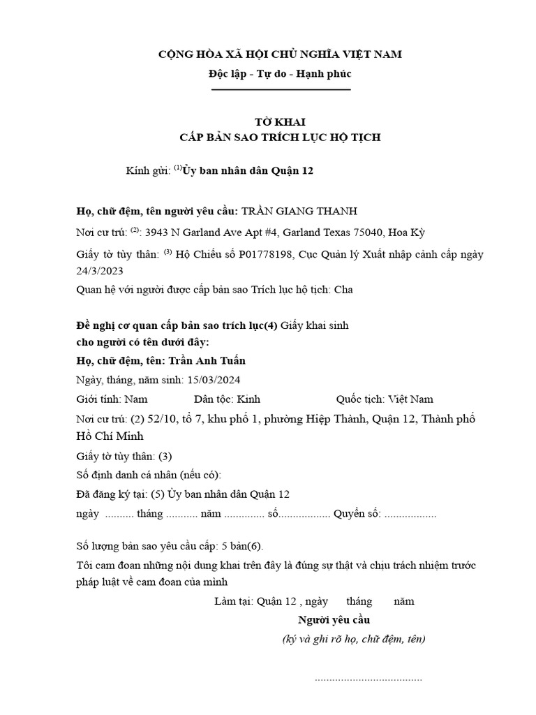 TK Yeu Cau Ban Sao Trich Luc Ho Tich - TT04 | PDF