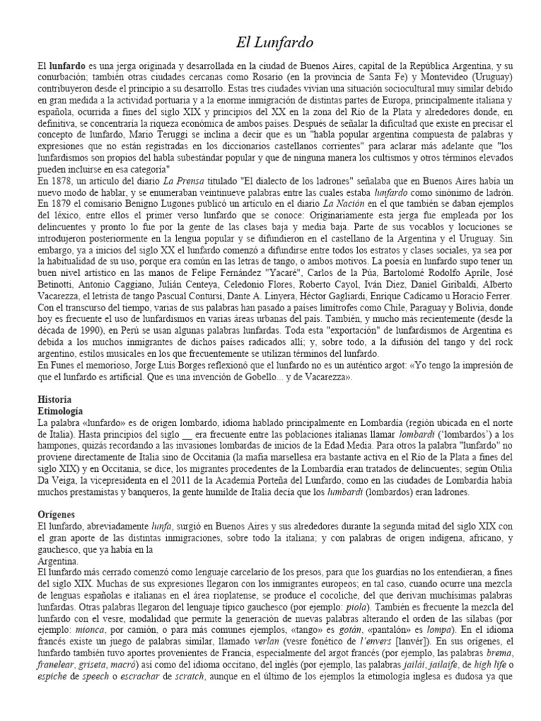 El Lunfardo-Historia y Origenes | PDF | Lingüística