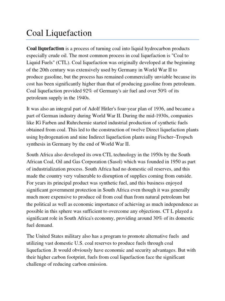 Coal Liquefaction Method Assignment | PDF | Process Engineering | Chemical Industry