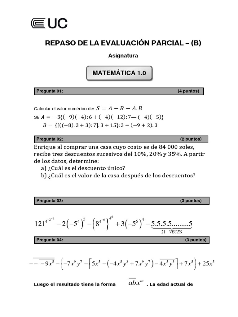 Evaluación Matemática Avanzada | PDF