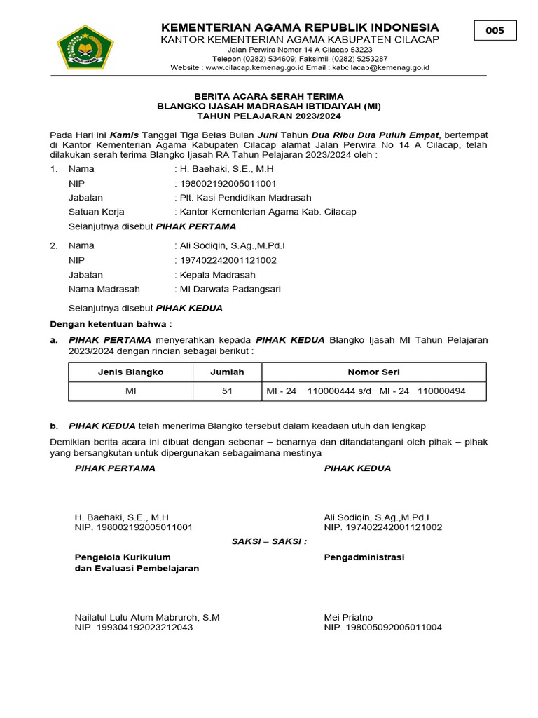 Berita Acara Dan Pakta Integritas Pembagian Ijasah MI 2023 2024 | PDF Berita Acara Dan Pakta Integritas Pembagian Ijasah MI 2023 2024 | PDF