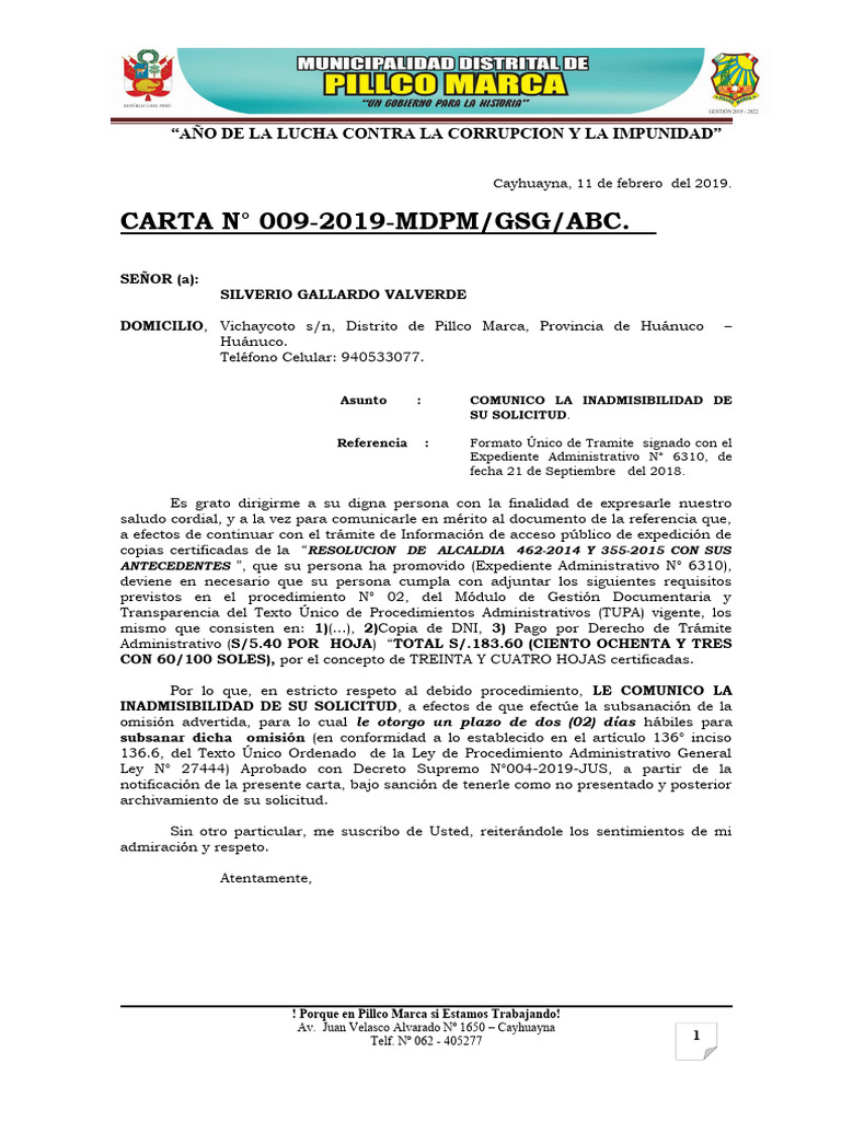 Carta 009 A Silverio Gallardo Valberde | PDF | Gobierno