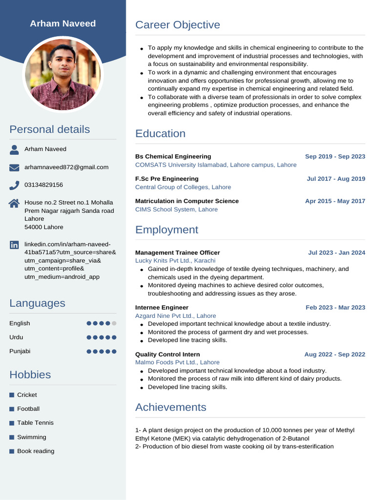 Resume Arham Naveed | PDF | Engineering | Chemical Engineering