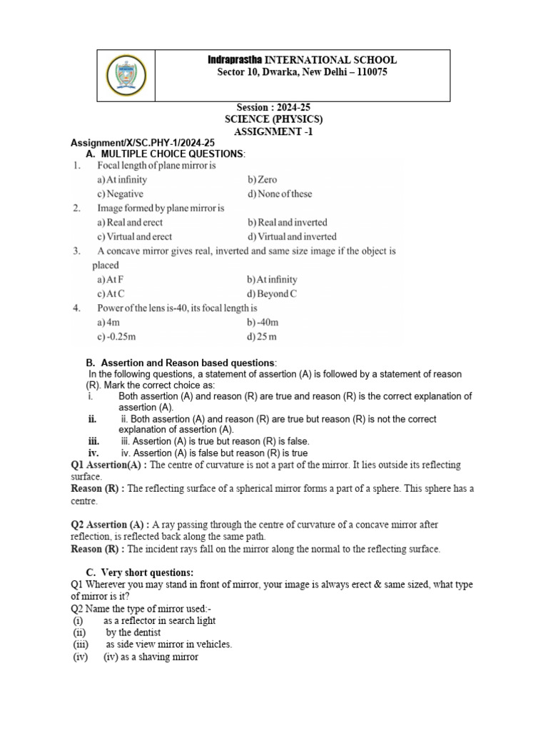 Assignment -1 Physics Class 10 Science (2024-25) | PDF