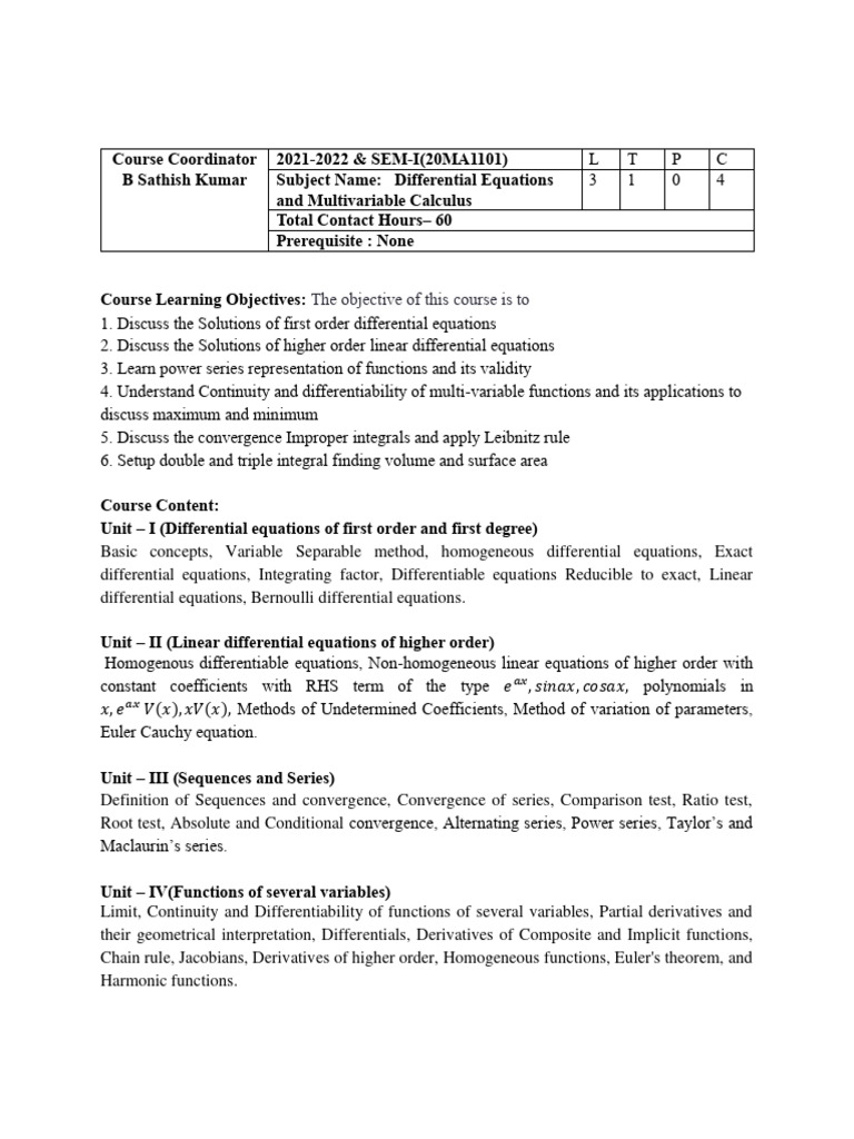 20ma1101 Lecture Plan Pdf Equations Differential Equations