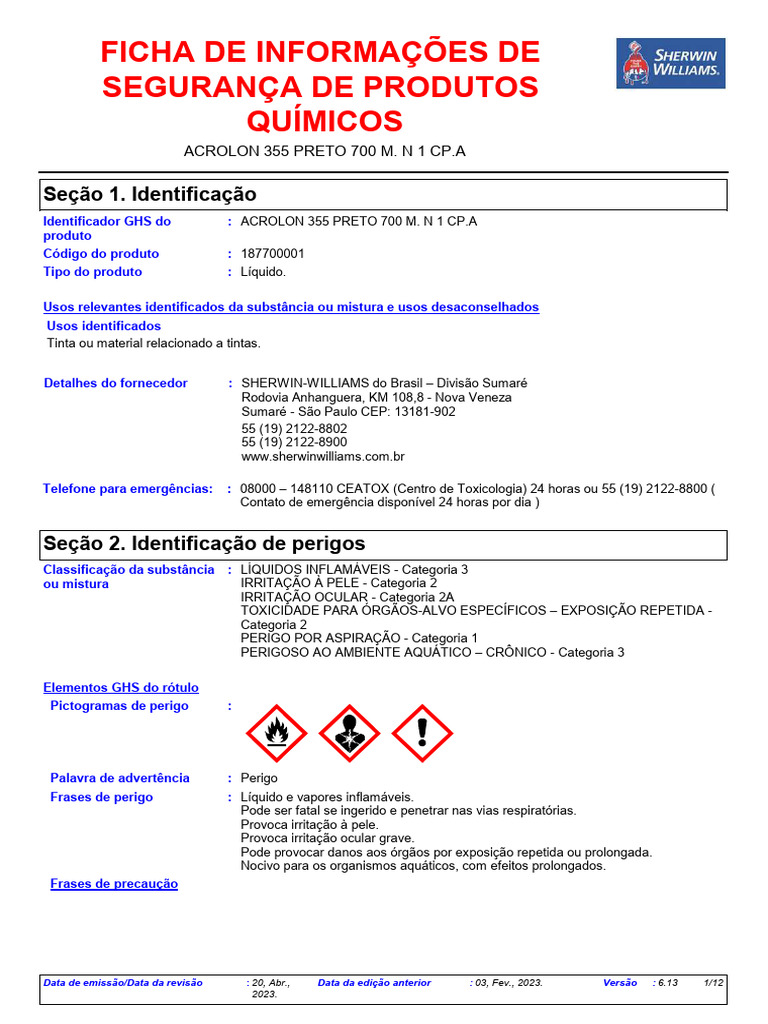 Tintas - Sherwin Williams - Fispq - Acrolon 355 Preto 700 M. N 1 | PDF ...