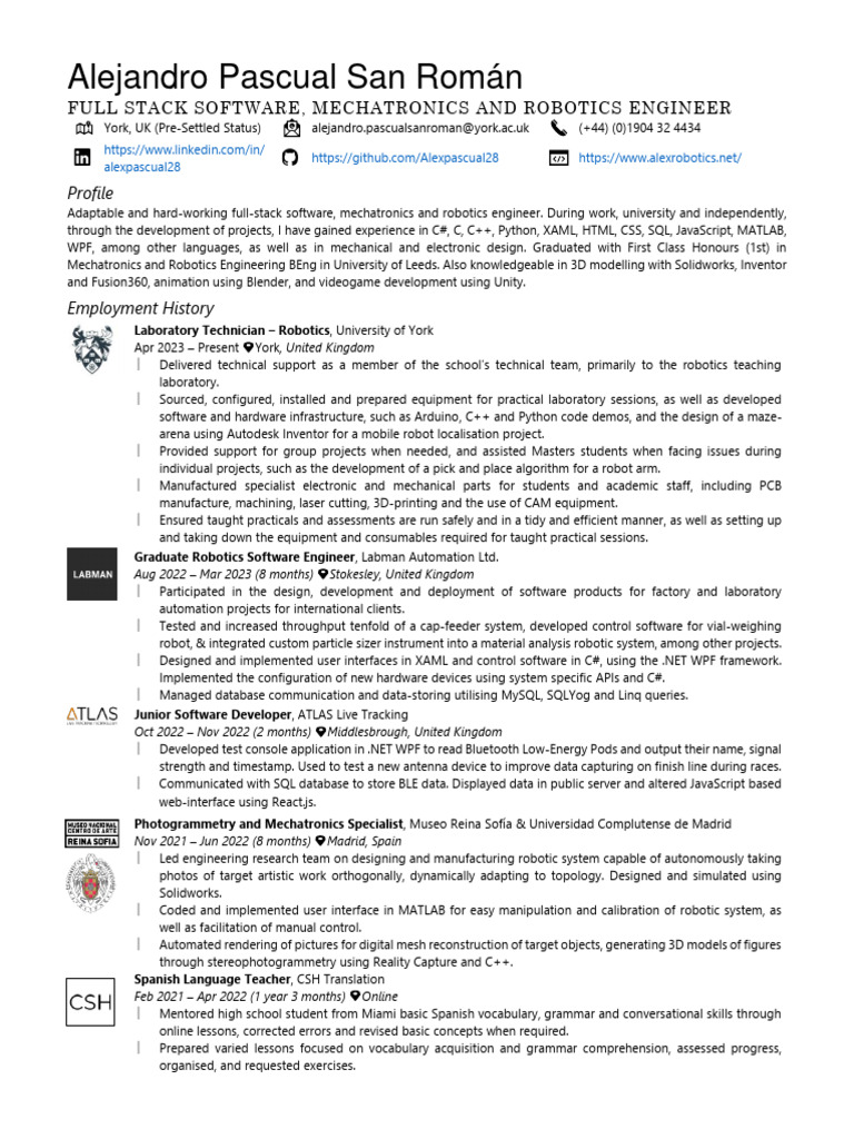 Resume - Alejandro Pascual San Roma N Y4Lp8perl8UWWZj9 | PDF | Mechatronics | Computer Science
