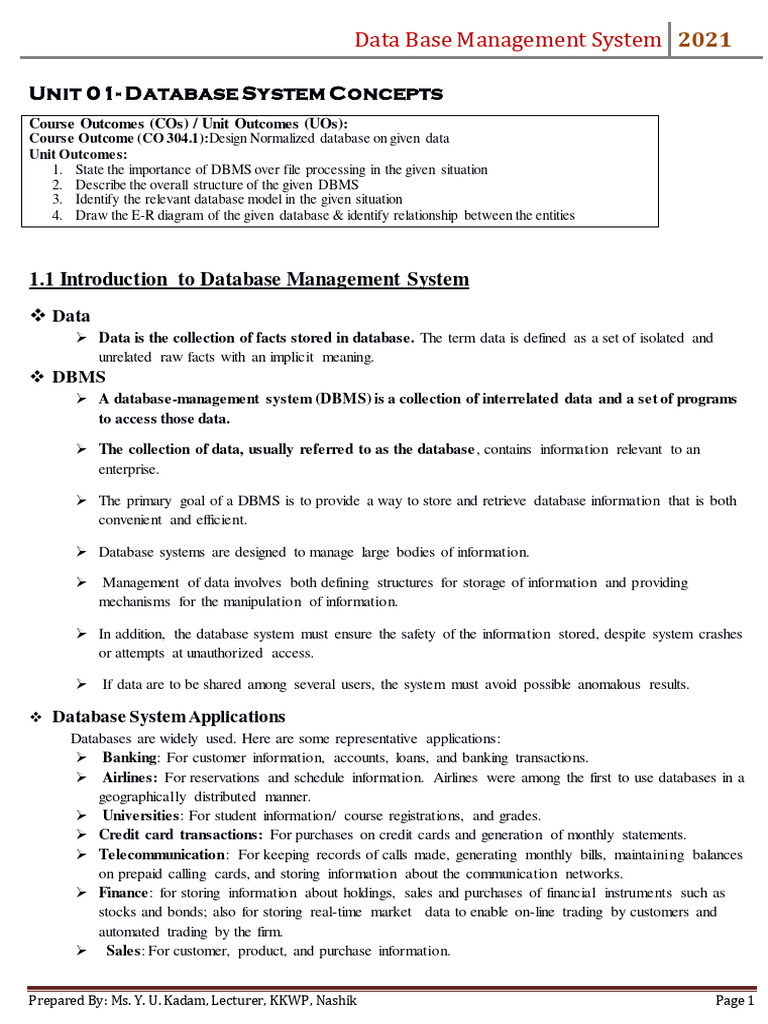 KKW Unit 1 Database System Concepts | PDF | Databases | Relational Database KKW Unit 1 Database System Concepts | PDF | Databases | Relational Database