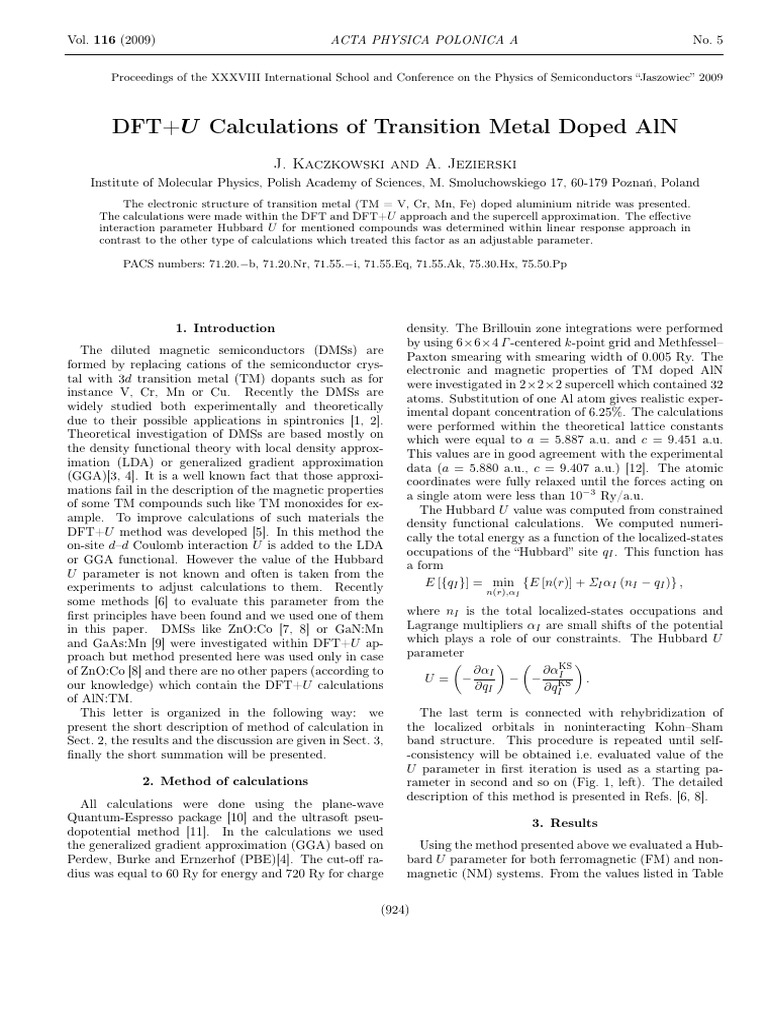 Dft U Calculations Of Transition Me Pdf Density Functional Theory Doping Semiconductor
