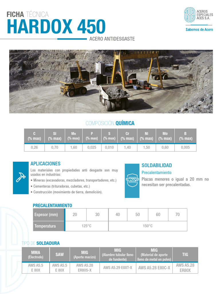 Ficha Técnica Hardox 450 | PDF | Soldadura | Construcción