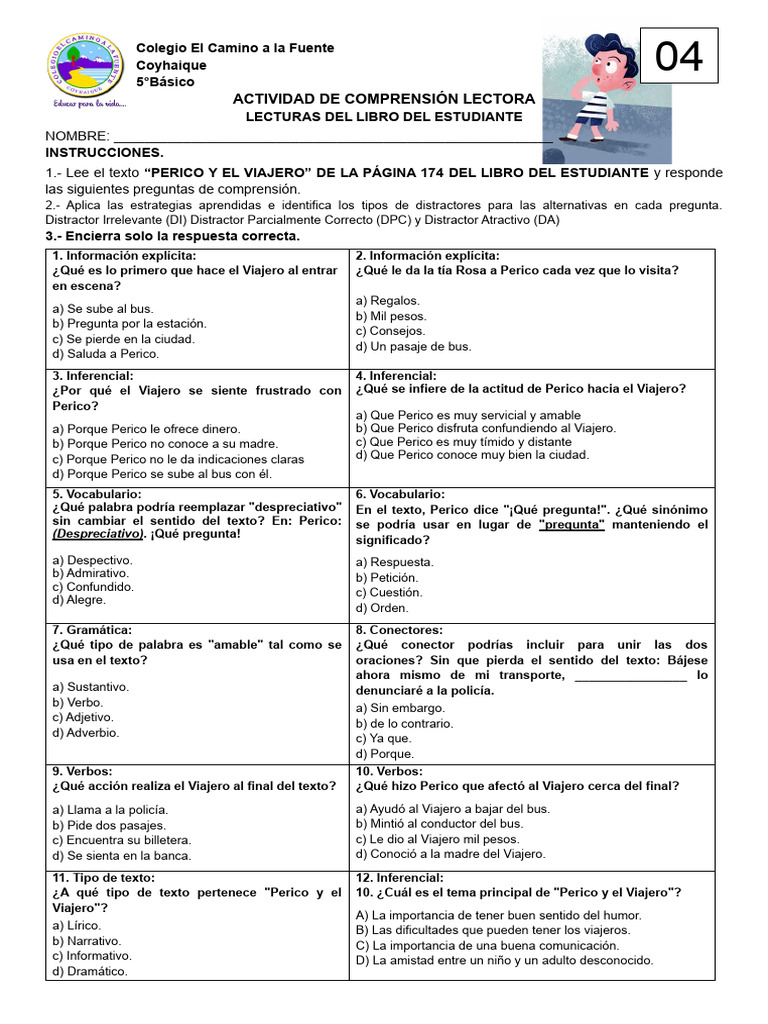 04 - Texto Libro PERICO Y EL VIAJERO - Preguntas 5° Básico | PDF ...