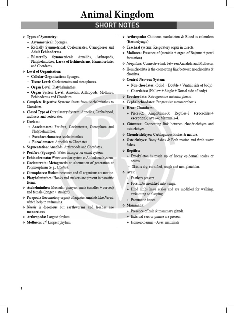 Animal Kingdom - Short Notes | PDF | Zoology