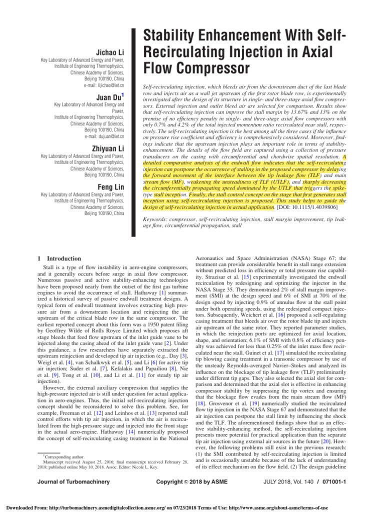 Stability Enhancement With Self-Recirculating Injection in Axial Flow ...
