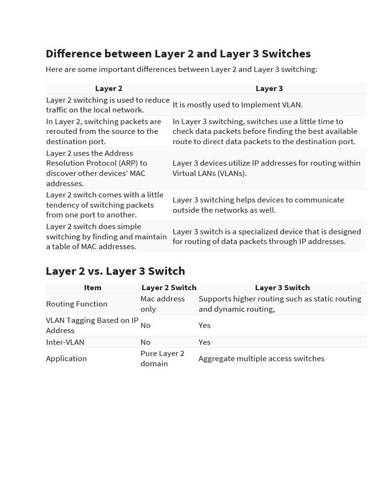 Difference Between Layer 2 and Layer 3 Switches | PDF