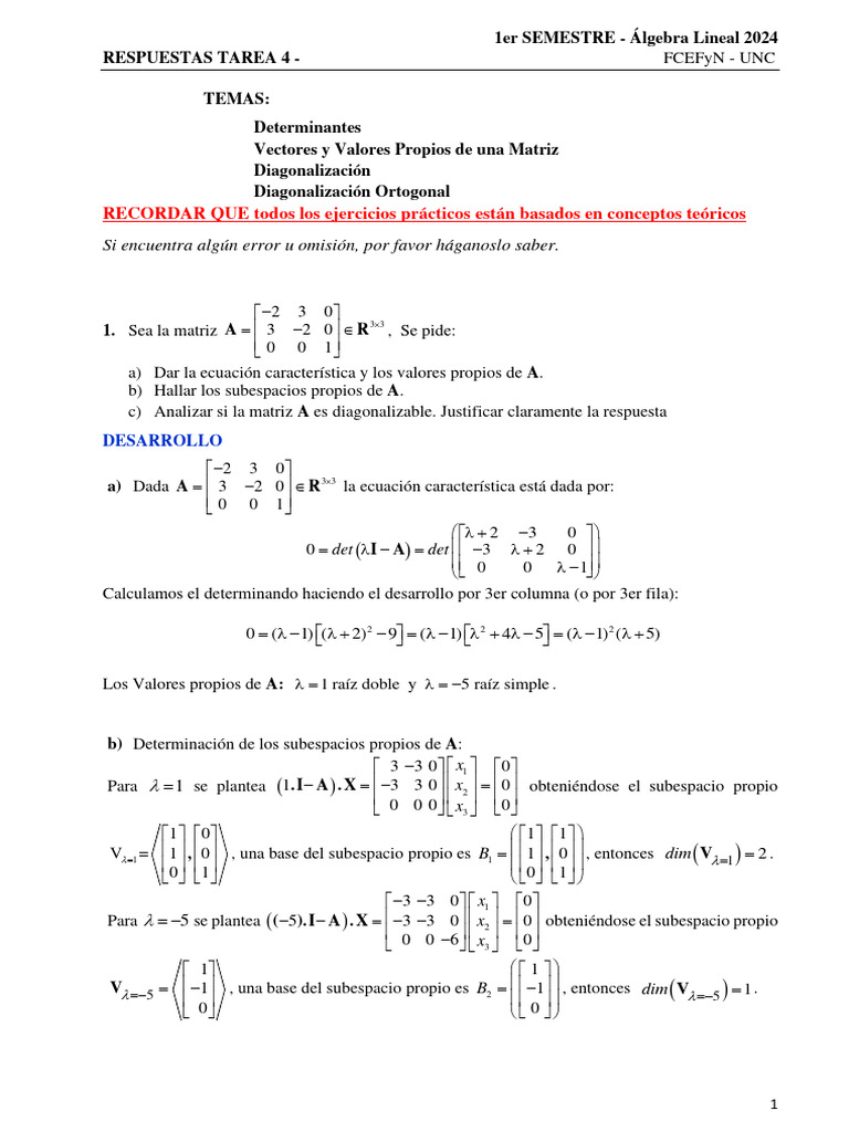 Respuestas TAREA 4 1ER SEM 2024 Corregido Ej3 | PDF | Valores propios y vectores propios ...