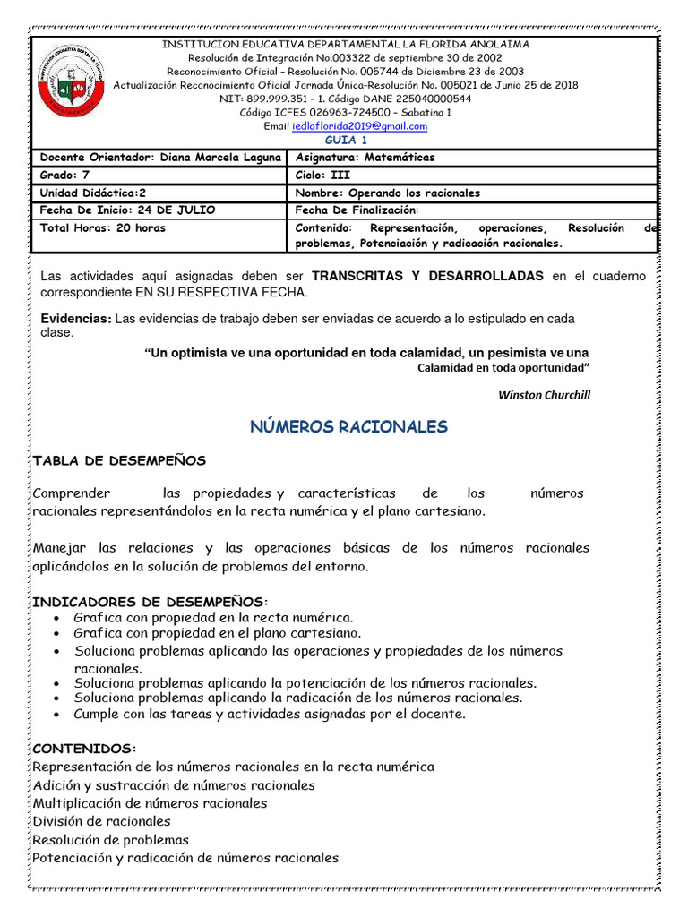Guia 1 Sabatina Septimo | PDF | Número racional | Notación Matemática