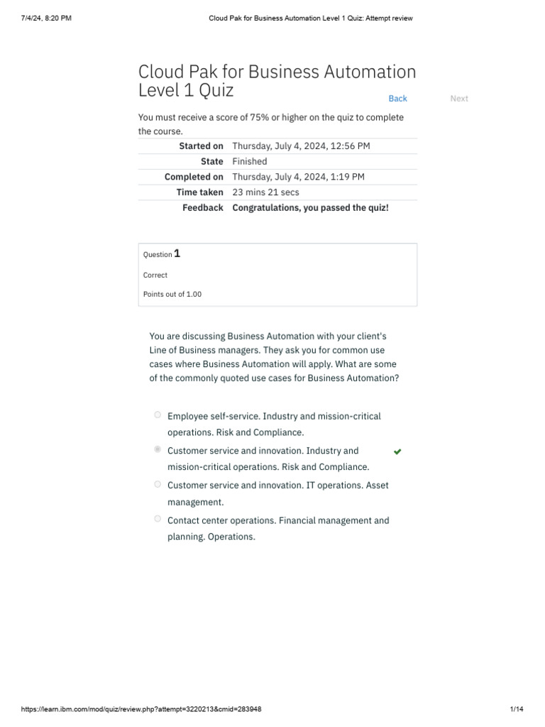 Cloud Pak For Business Automation Level 1 Quiz - Attempt Review | PDF | Internal Rate Of Return ...