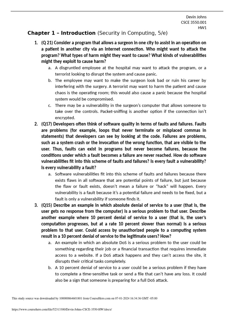 Devin Johns CSCE 3550 HW1 | PDF | Security | Computer Security