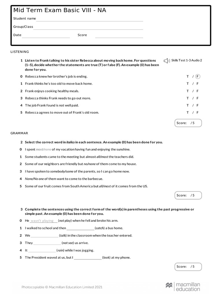 Mid Term Exam Basic VIII | PDF | Linguistics