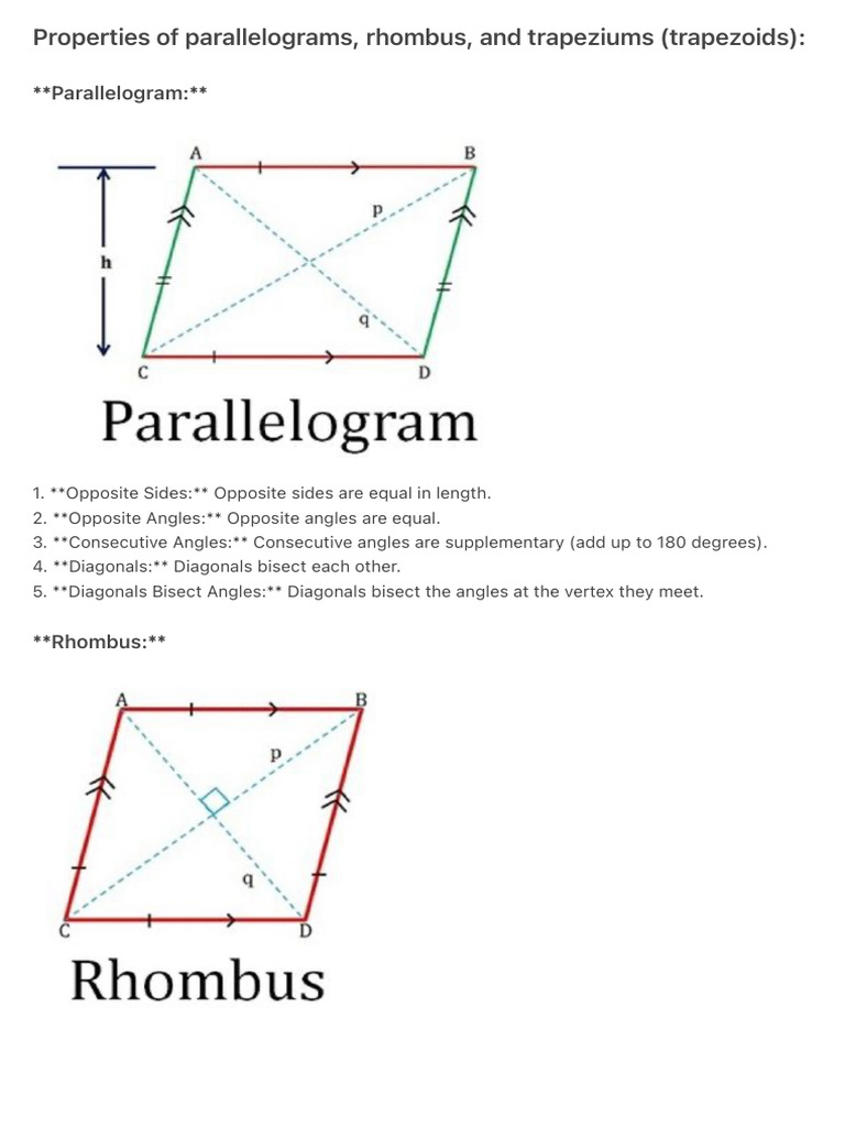 Properties of parallelograms, rhombus, and trapeziums (trapezoids ...