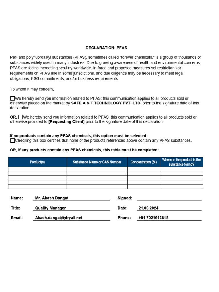 PFAS Declaration Template - English | PDF | Business
