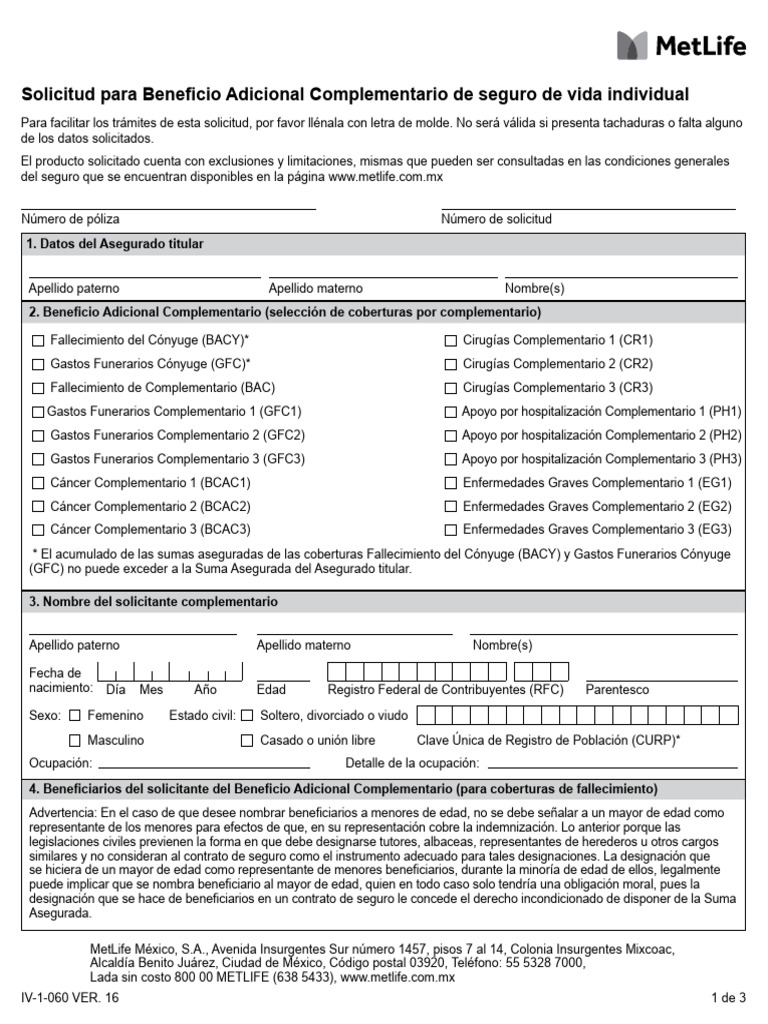 Met99 Solicitud Beneficios Adicionales Complementario IV 1 060 | PDF | Póliza de seguros | Seguro