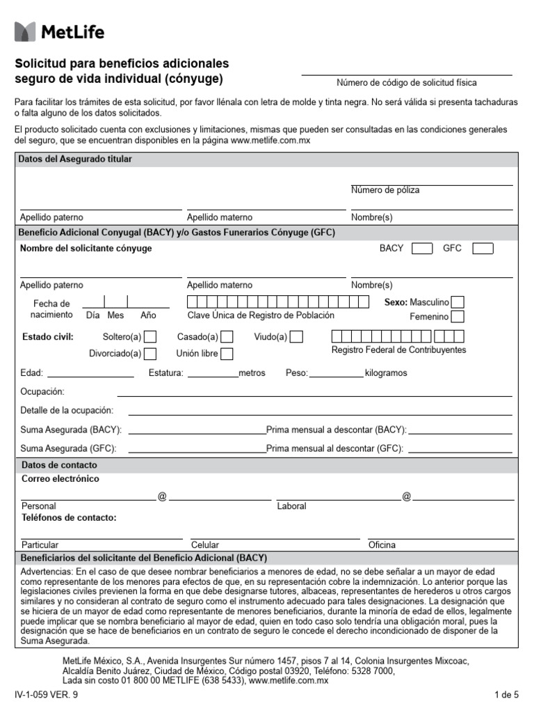 Met99 Solicitud Beneficios Adicionales Conyuge IV 1 059 | PDF | Seguro ...