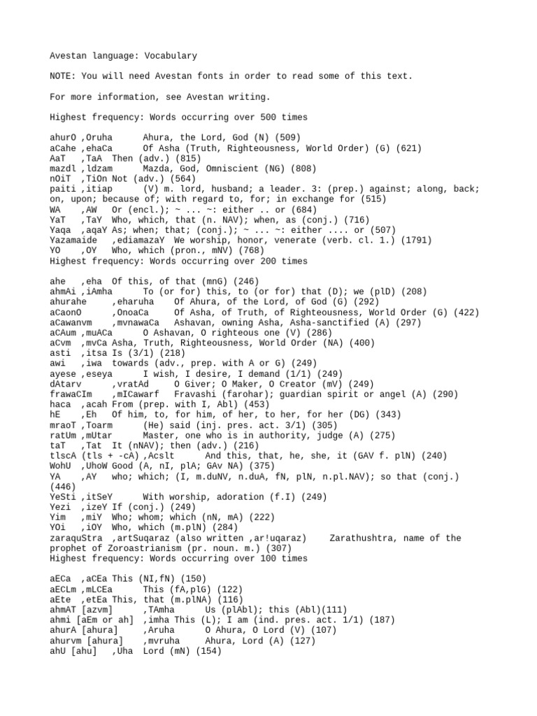 Avestan Language Vocabulary | PDF | Zoroastrianism