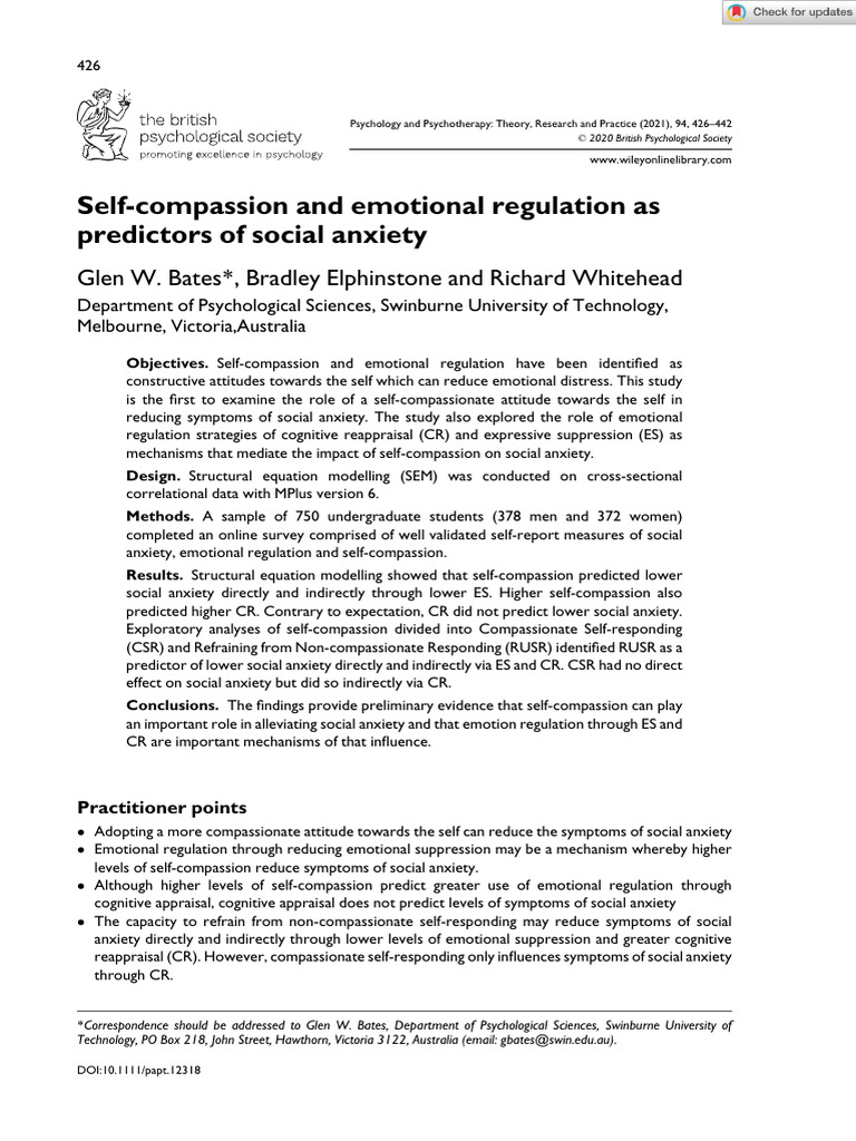 Psychol Psychother 2020 Bates Self Compassion and Emotional Regulation ...